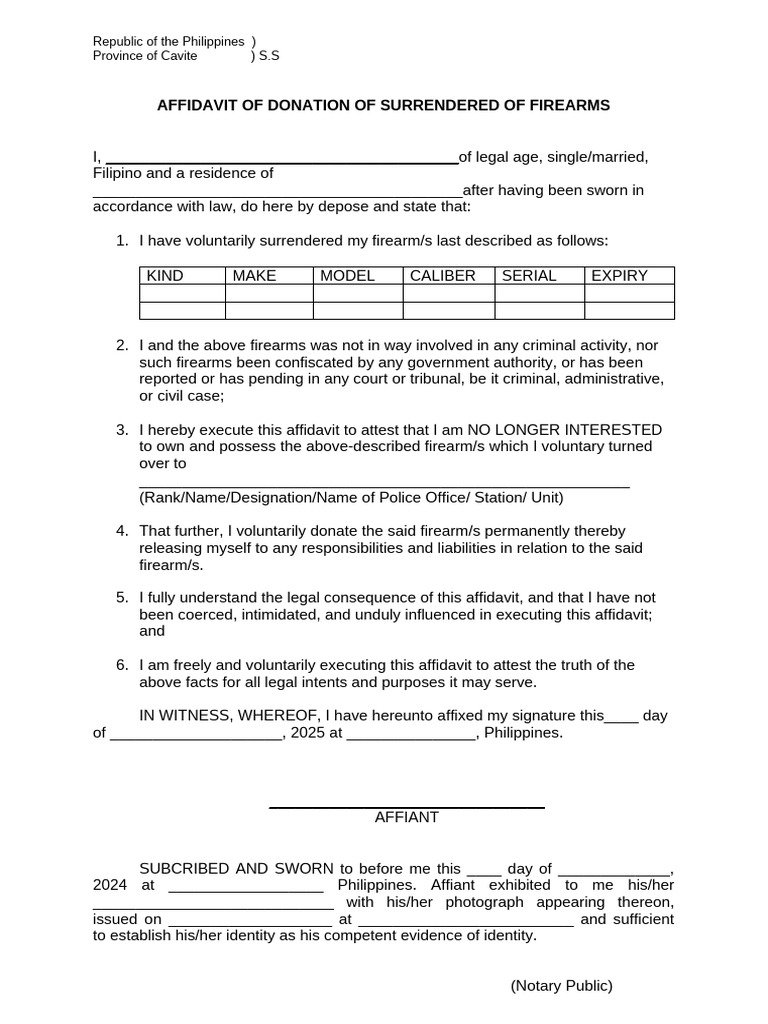 New Forms For Affidavit of Voluntary Surrender of Firearms | PDF ...