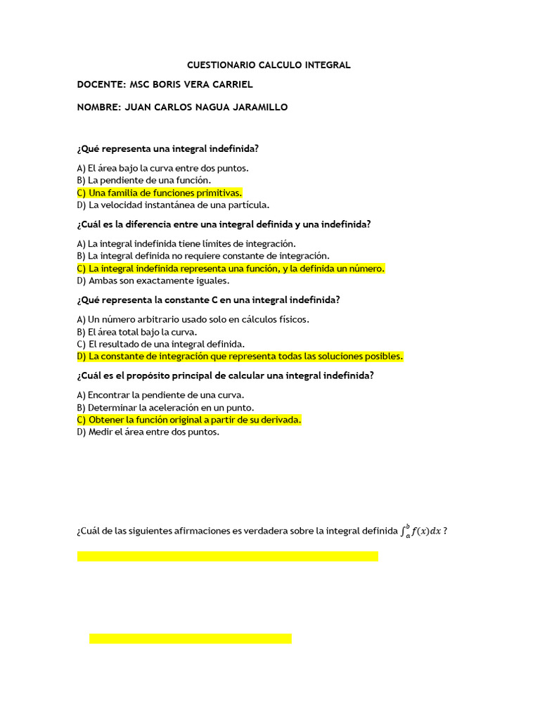 Cuestionario Calculo Integral | PDF | Integral | Derivado