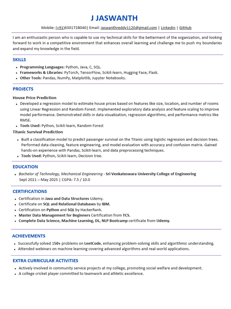Jaswanth J Resume | PDF