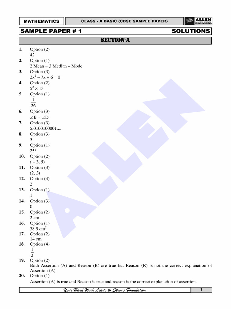 Sample Paper 1 Maths Sol | PDF