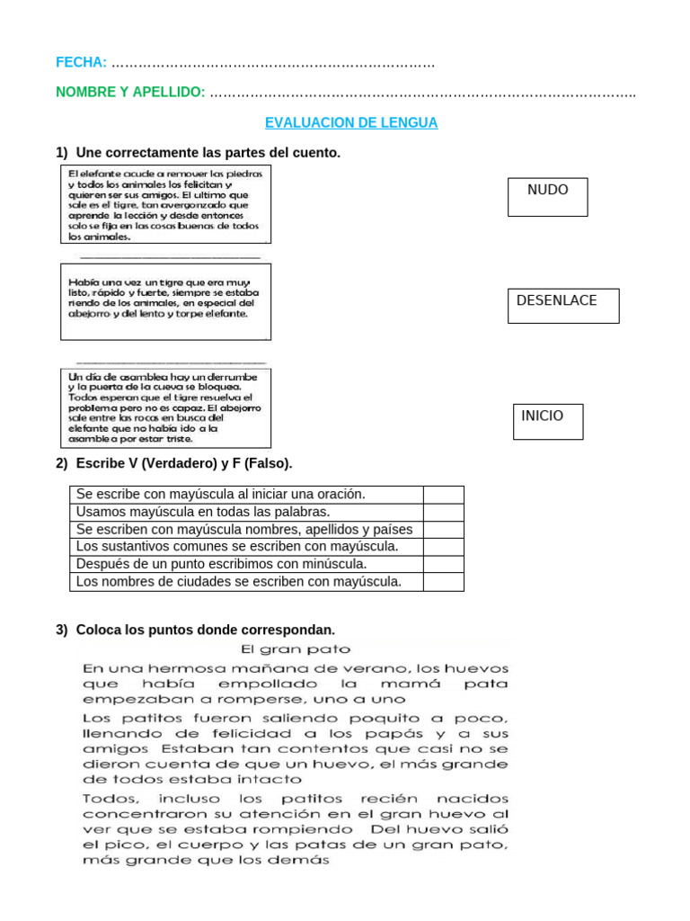 Evaluacion de Lengua 3ro Colegio | PDF