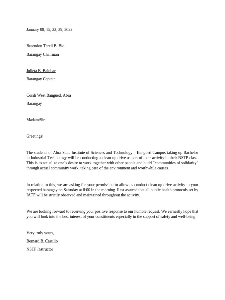 Clean-Up Drive Request in Cosili West | PDF