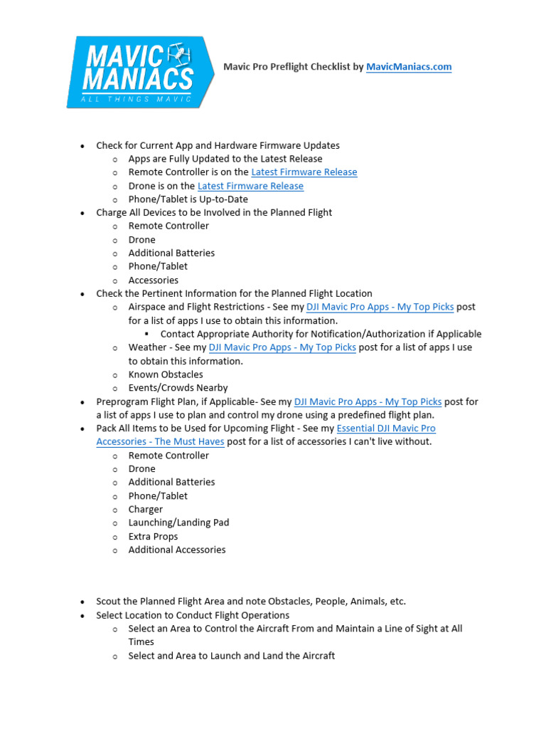 Mavic Pro Preflight Checklist by MavicManiacs | PDF | Unmanned Aerial Vehicle | Tablet Computer