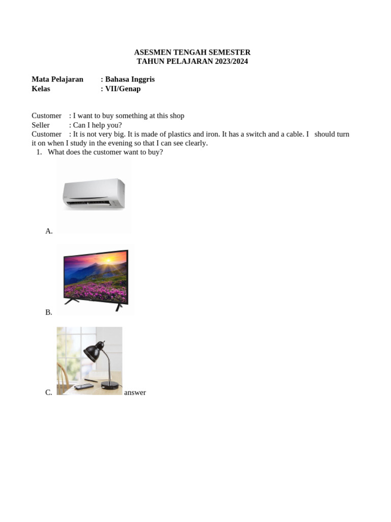 Asesmen Tengah Semester Genap k7 English | PDF