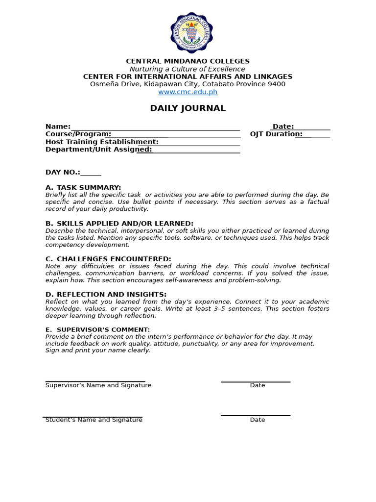 Daily Internship Journal Template | PDF