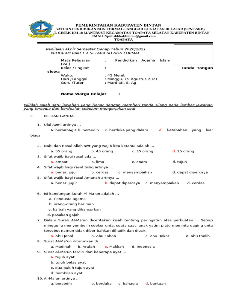 Soal Pai Pas Genap Paket A | PDF