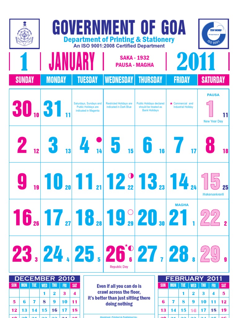 Goa 2011 Public Holiday Calendar | PDF