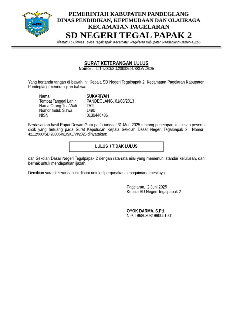 Surat Keterangan Lulus SD Tegalpapak 2 | PDF