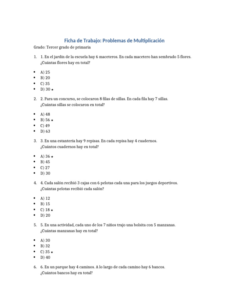 Problemas de Multiplicación para Tercer Grado | PDF