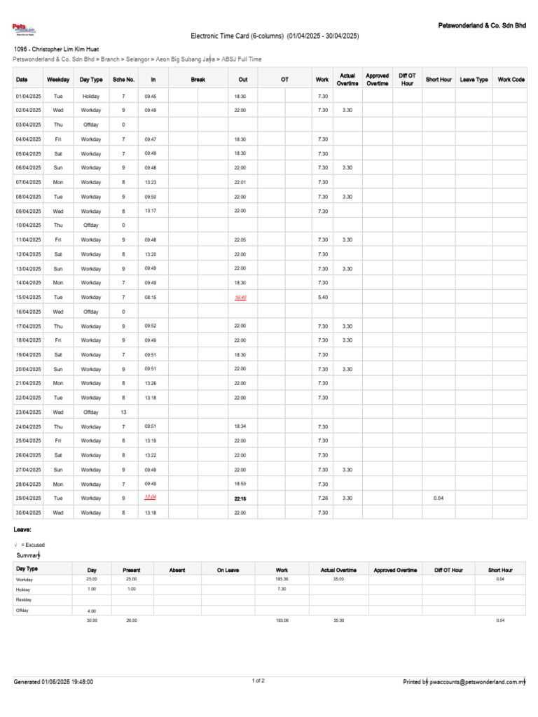 Electronic Time Card (6-Columns)20250501 (26) | PDF | Working Time | Employment Compensation