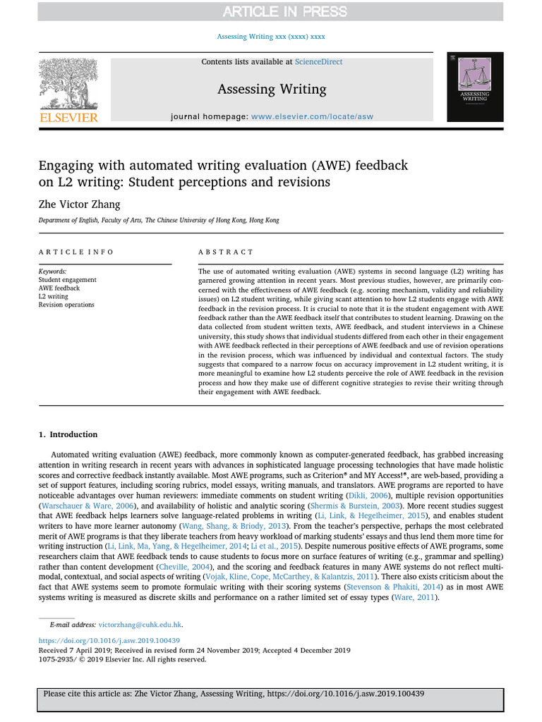Engaging With Automated Writing Evaluation (AWE) Feedback On L2 Writing ...
