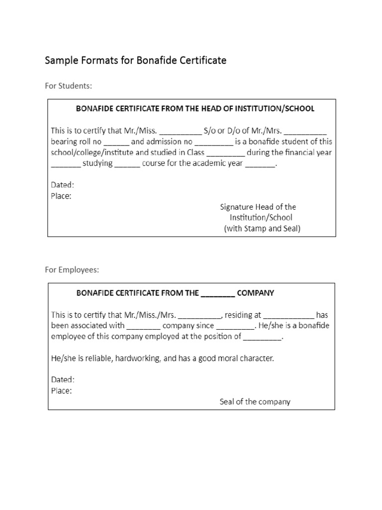 Sample Formats For Bonafide Certificate | PDF