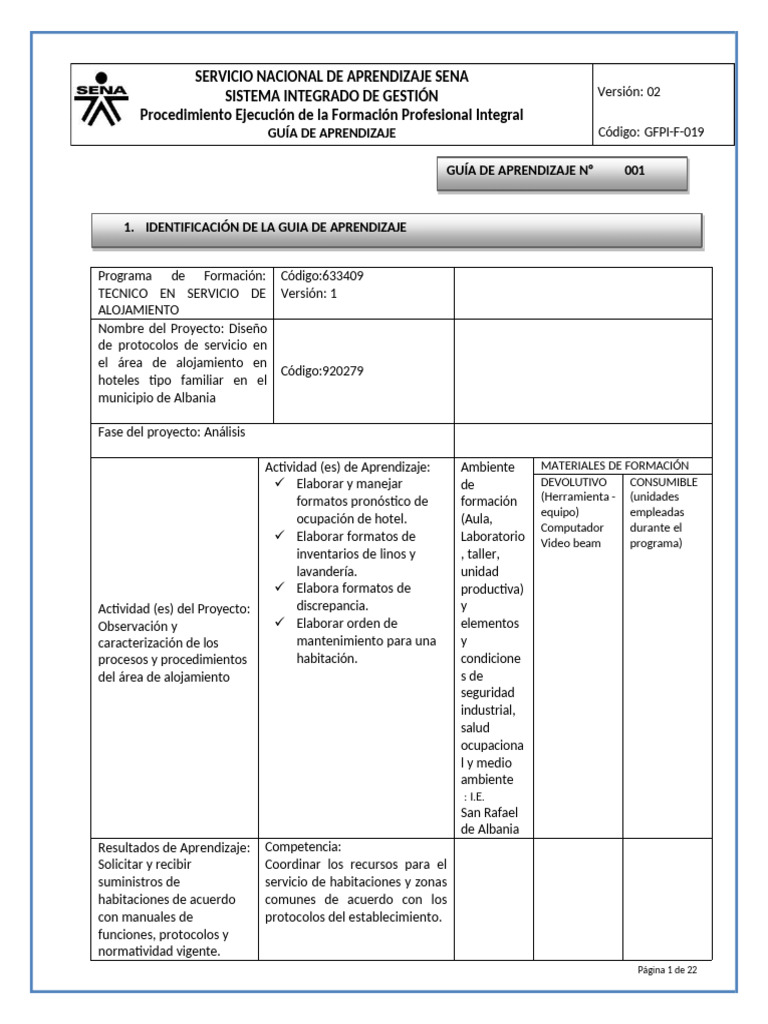 GFPI F 019 Formato Guia de Aprendizaje Coordinar Los Recursos | PDF | Hotel