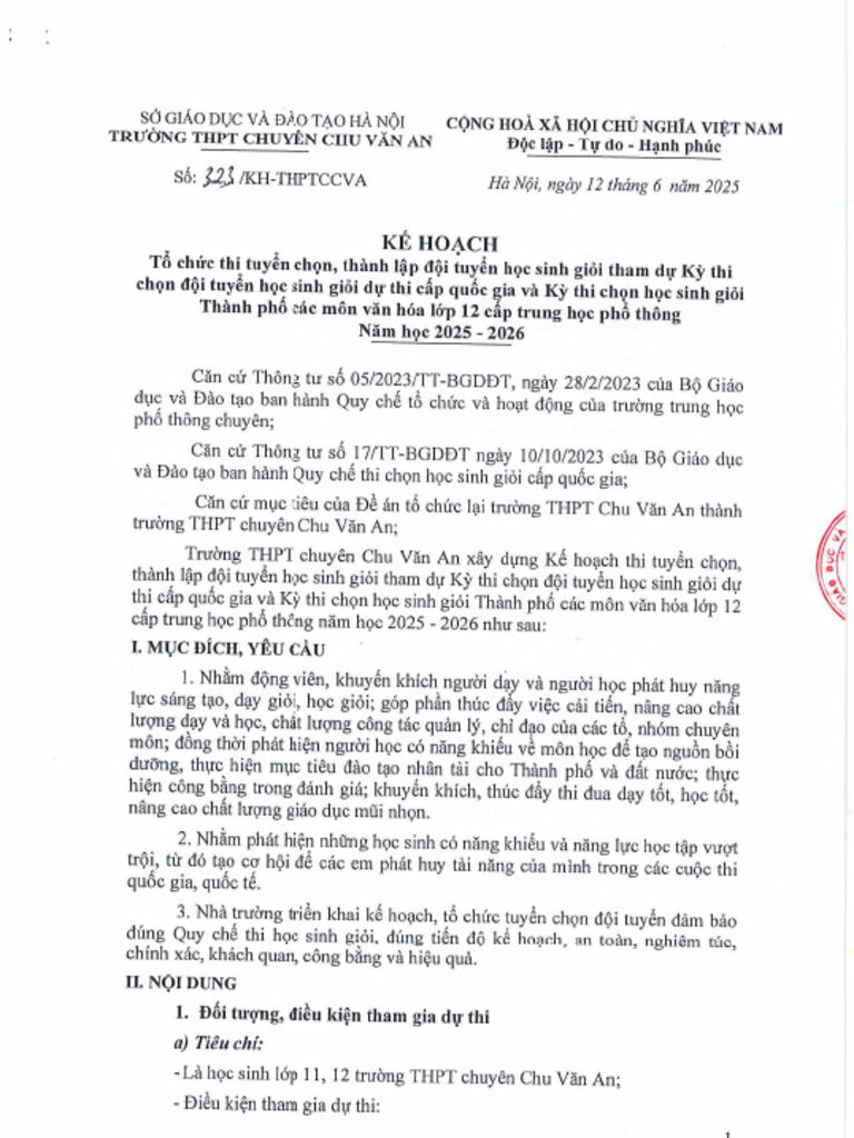 THPTCCVA KH Thi Chọn Đội Tuyển HSG Dự Thi Chọn HSG Dự Thi Cấp QG Và Thi HSG TP 25 26 | PDF
