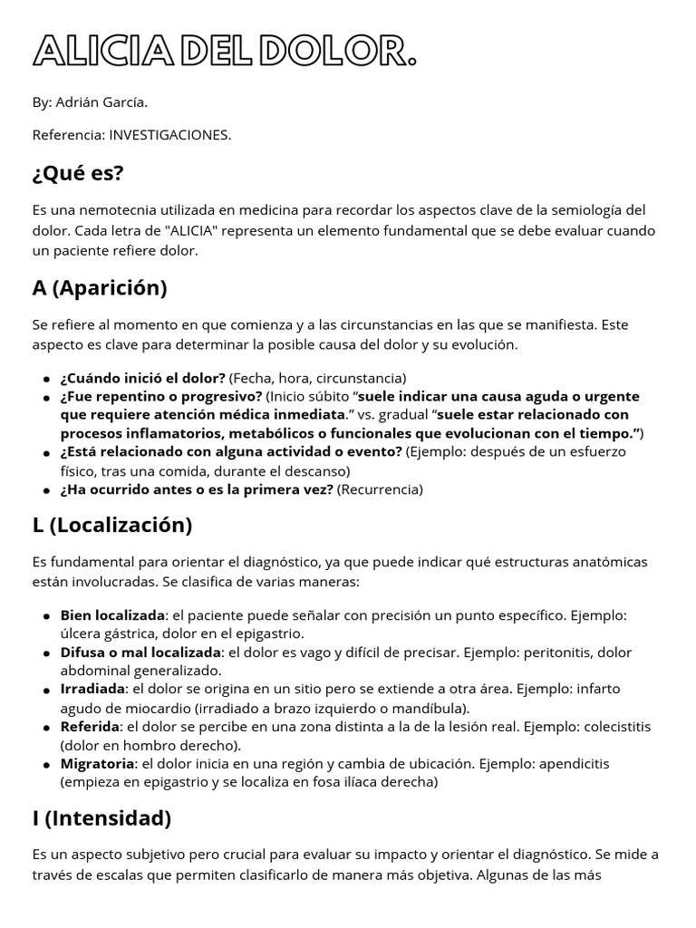 Alicia Del Dolor, para Semiología Al Examen Fisico | PDF | Dolor ...