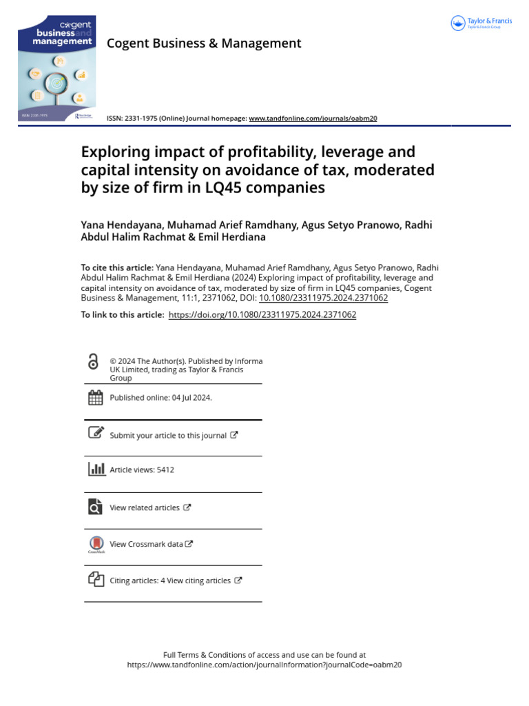 Exploring Impact of Profitability Leverage and Capital Intensity on Avoidance of Tax Moderated ...