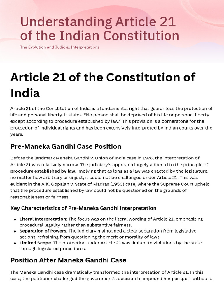 Article 21: Evolution & Judicial Impact | PDF | Due Process | Government
