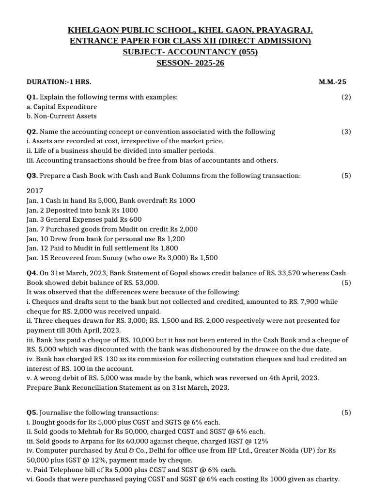Class XII Accountancy Entrance Paper | PDF | Banks | Cheque