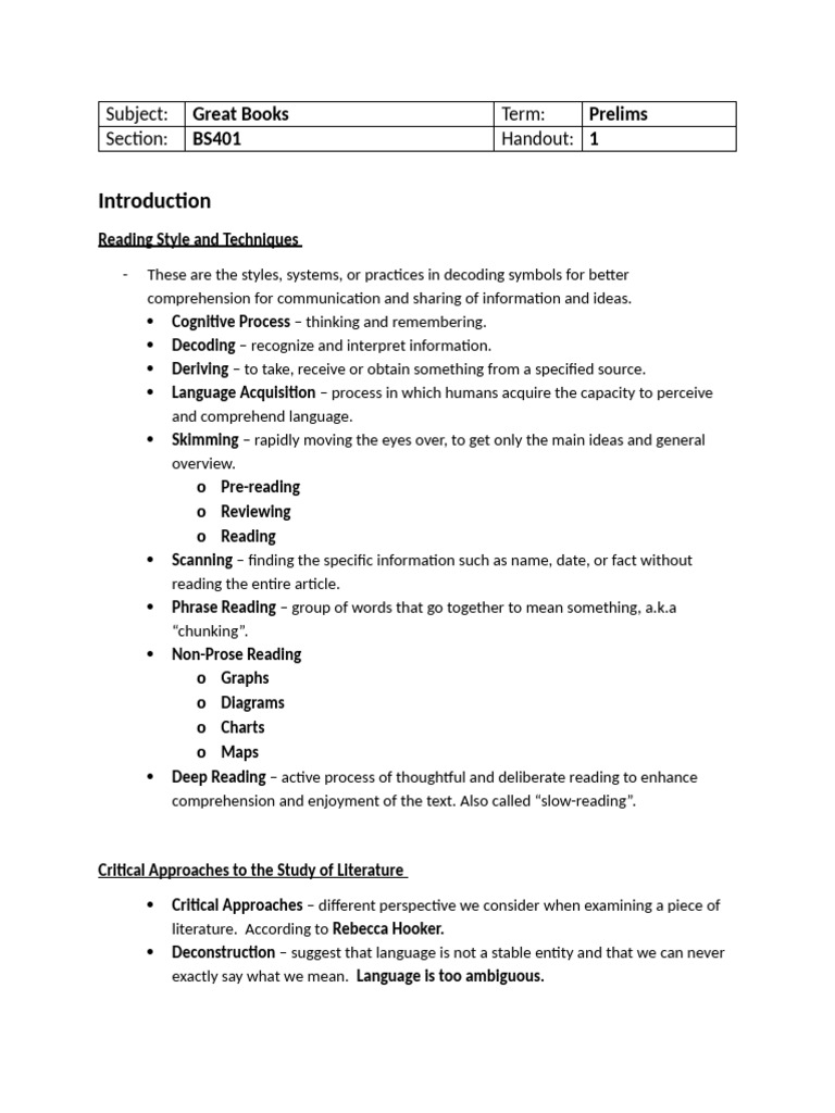 Great Books Prelims Reviewer Handout 1 | PDF | Deconstruction ...