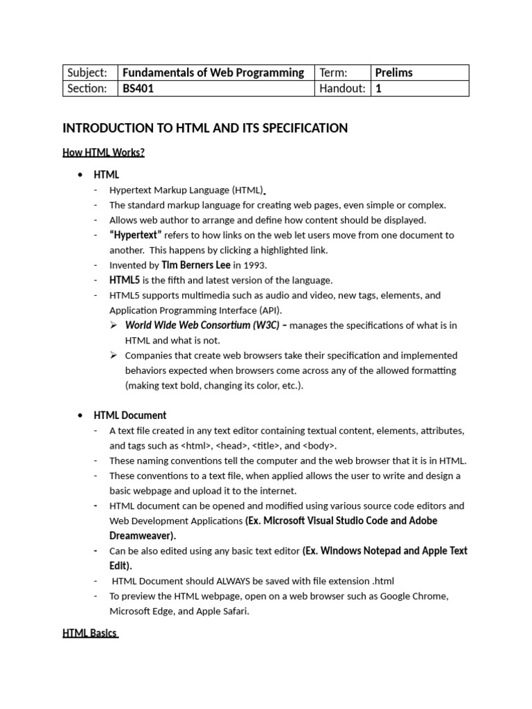 FWP Prelims Reviewer Handout 1 | PDF | Html | Html Element
