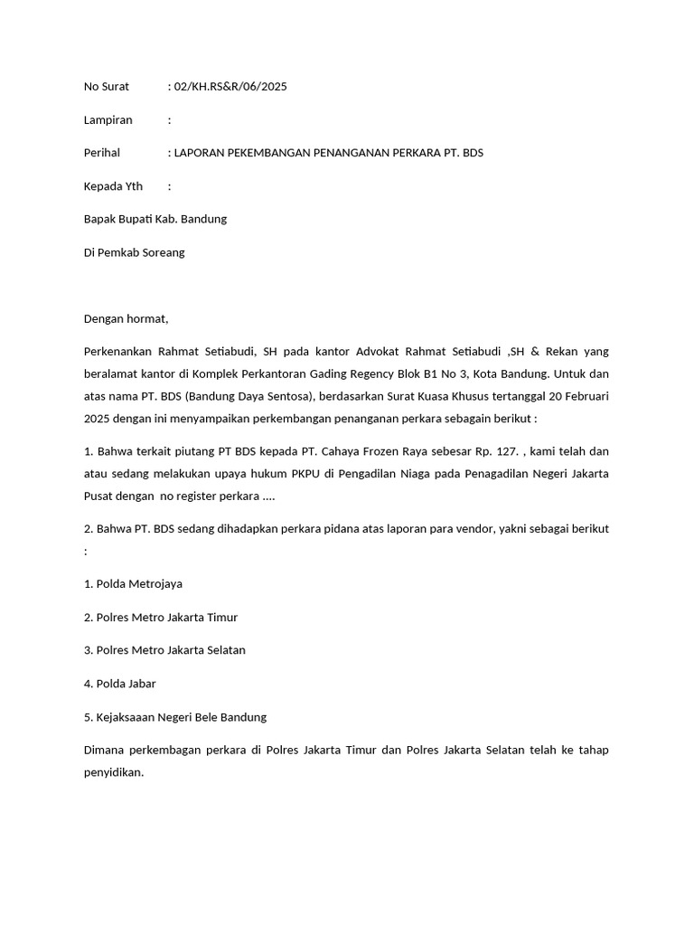 Laporan Perkembangan Penanganan PT. BDS - Letter | PDF