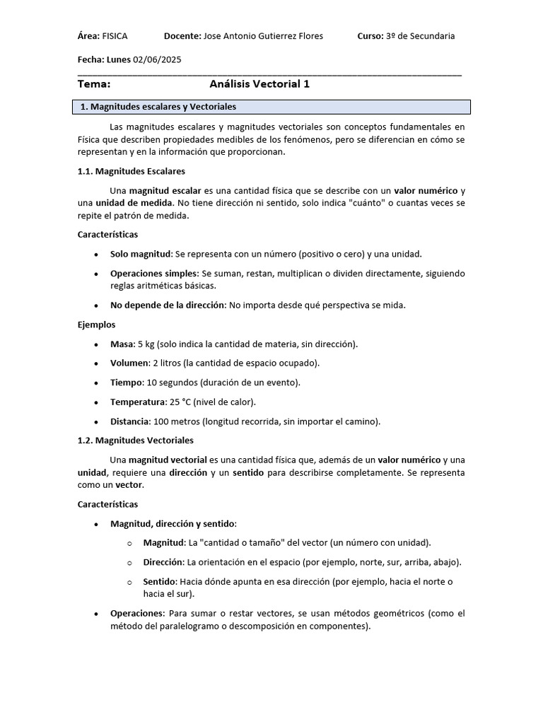 3° Secu. Fisica Análisis Vectorial 1 | PDF | Vector Euclidiano | Matemáticas