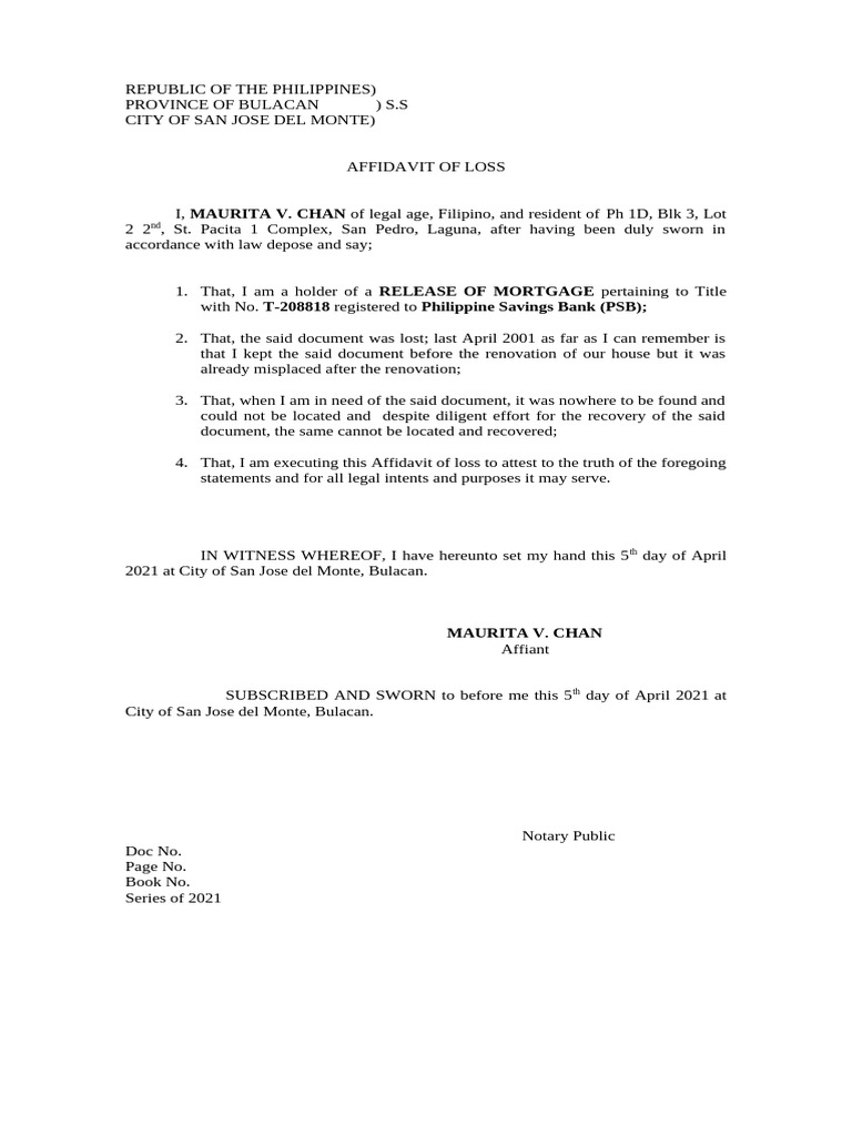 Aff of Loss Release of Mortgage | PDF