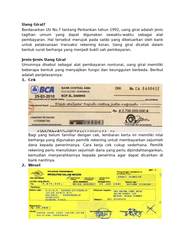 Jenis dan Pengertian Uang Giral | PDF