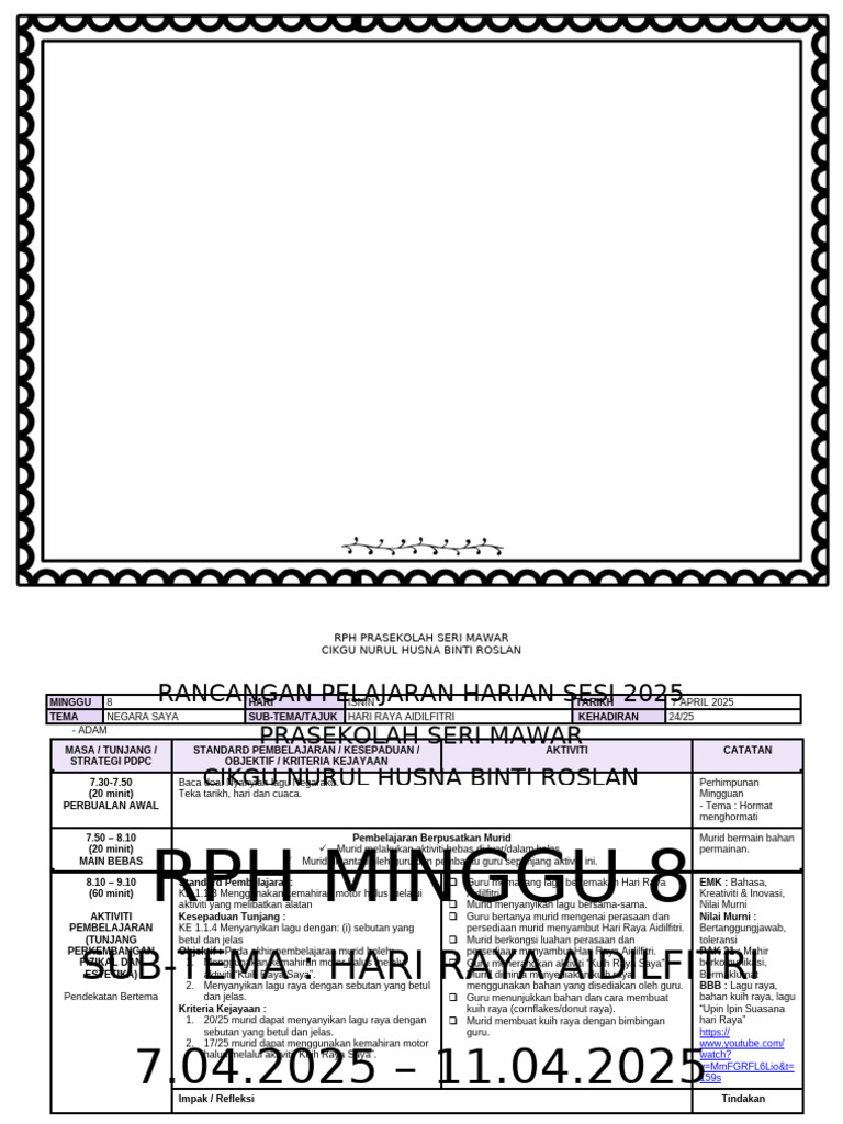 E-Rph Prasekolah 2025 Nurul Husna Roslan m8 | PDF