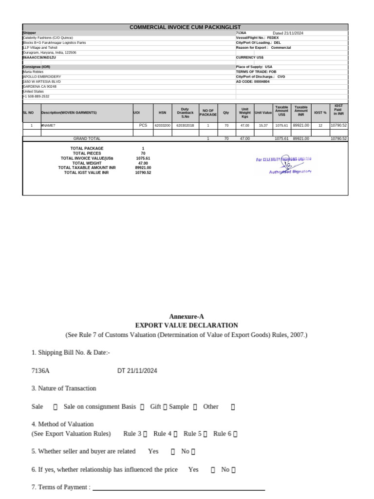 FedEx Commercial Invoice for Export | PDF | Cargo