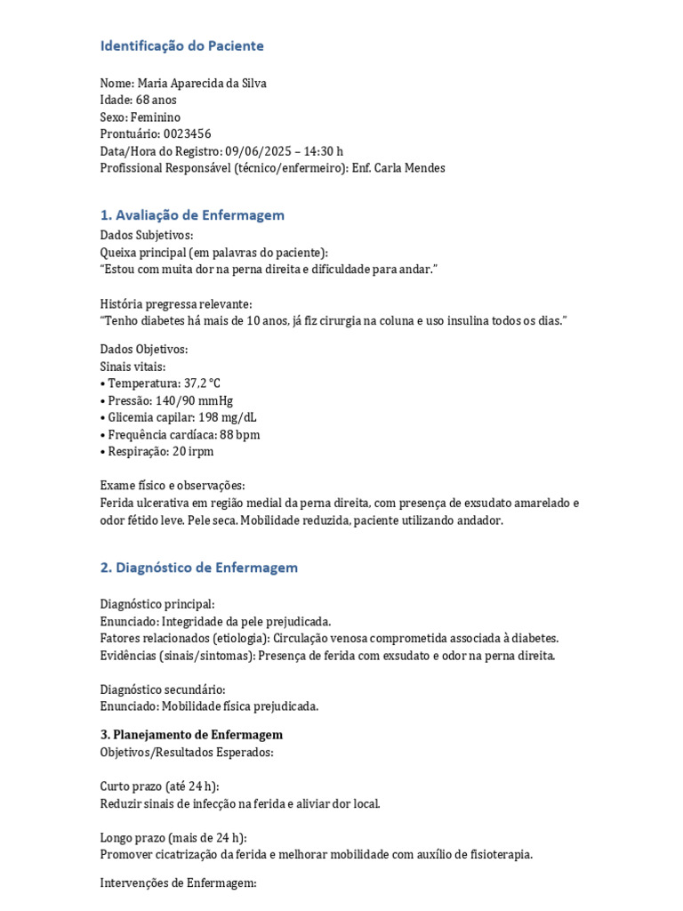 Processo de Enfermagem Preenchido | PDF | Enfermagem | Dor