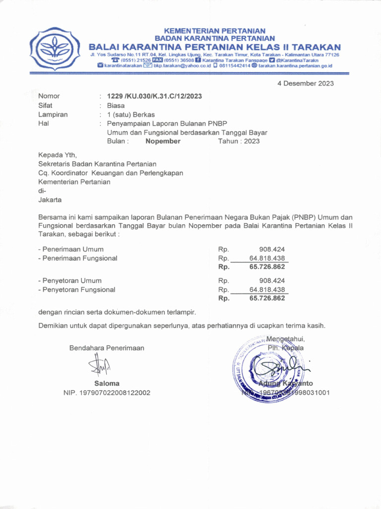 Laporan PNBP Bulan Nopember 2023 | PDF