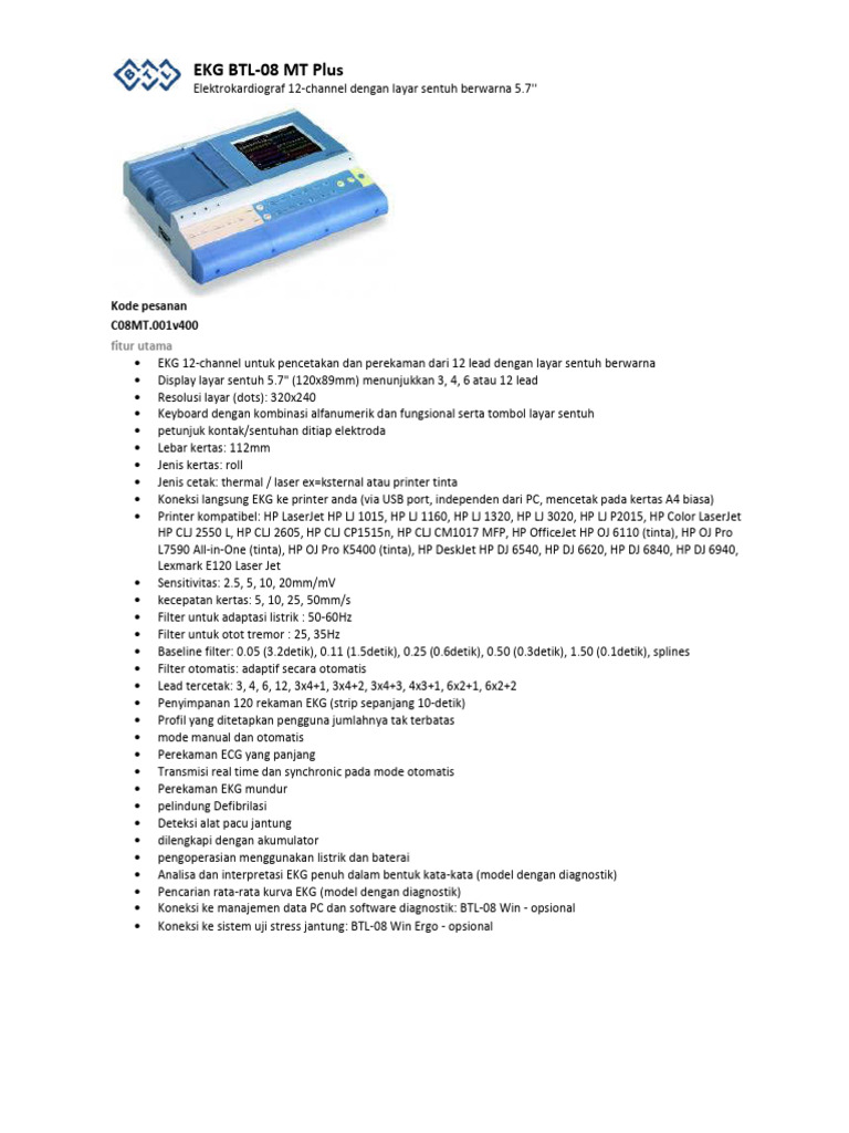 EKG BTL-08 MT Plus: Fitur dan Spesifikasi | PDF
