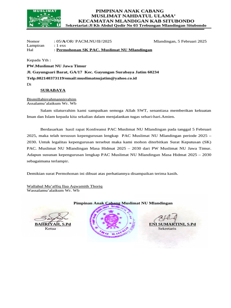 Contoh Permohonan SK PAC Ke PWMNU Jatim | PDF