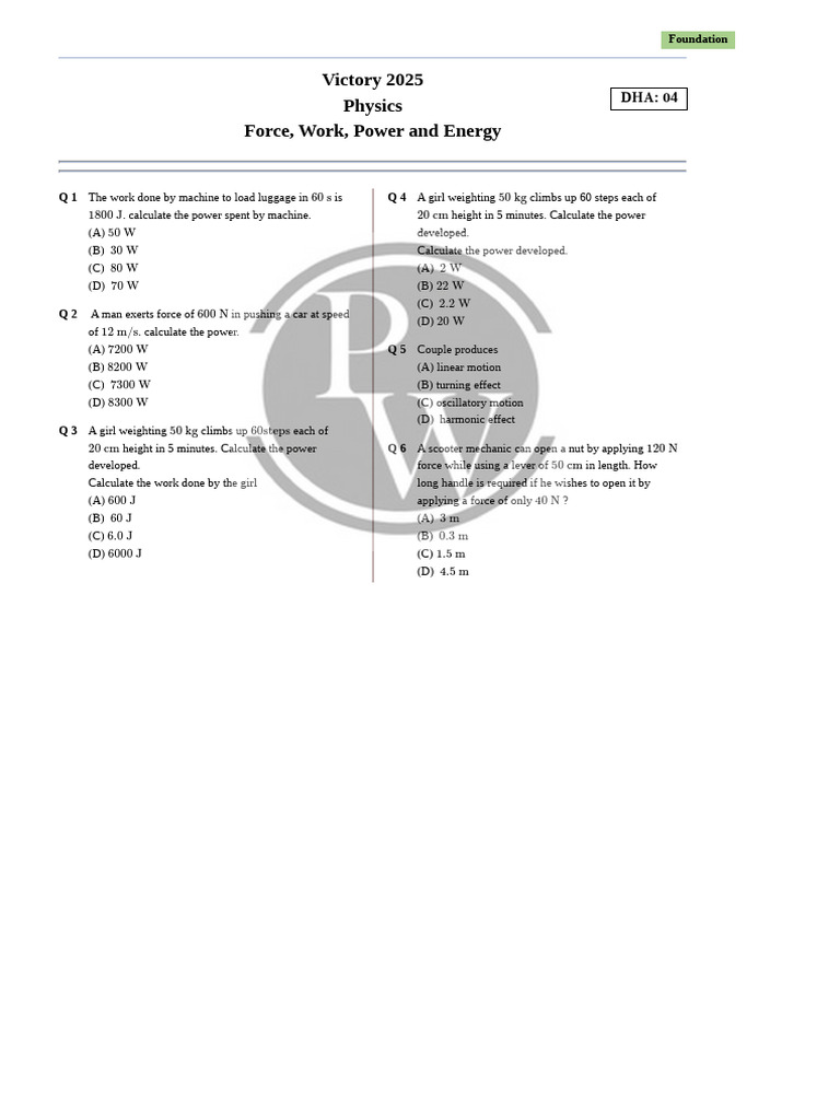 Force, Work, Power and Energy - DHA 04 (Of Lecture 06) - Victory 2025 | PDF | Force | Physical ...
