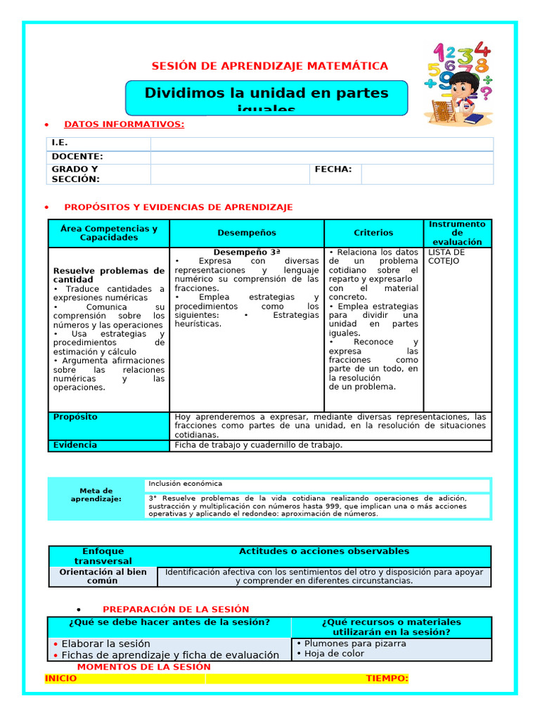 3° Ses Mate Dividimos La Unidad en Partes Iguales | PDF | Aprendizaje ...