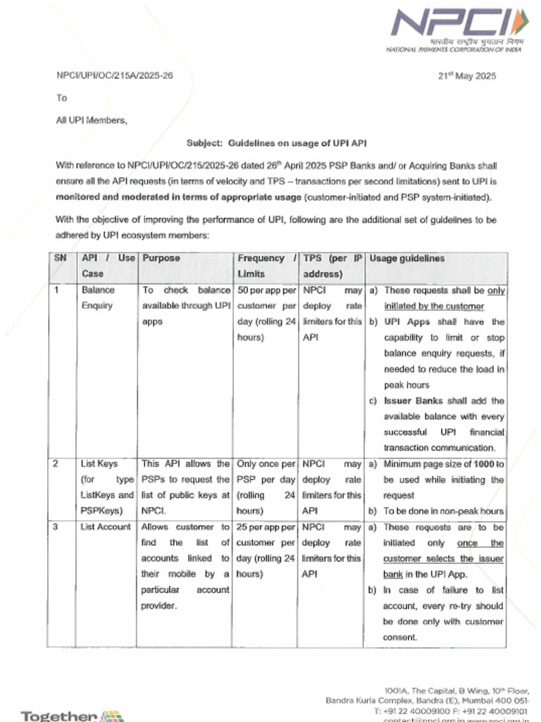 UPI OC No 215 A FY 2025 26 Guidelines On Usage of UPI APIs | PDF