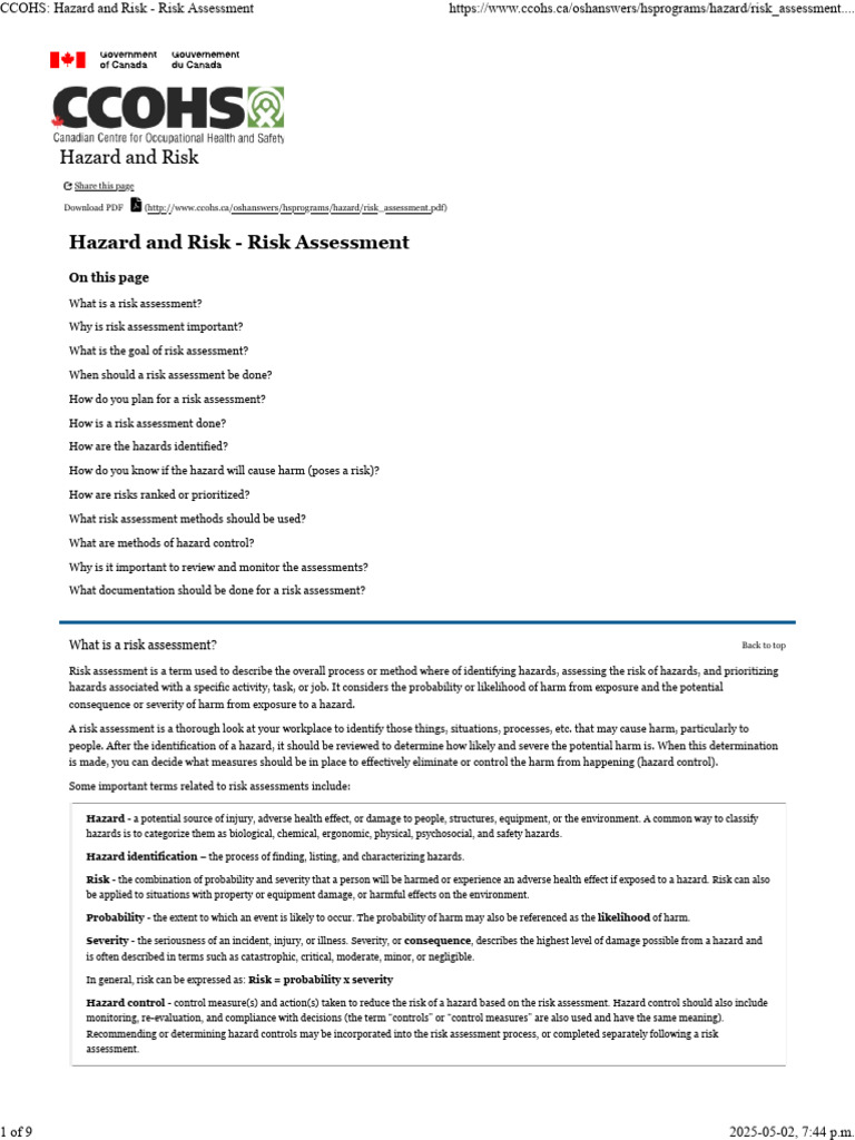 CCOHS - Hazard and Risk - Risk Assessment | PDF | Risk | Risk Assessment