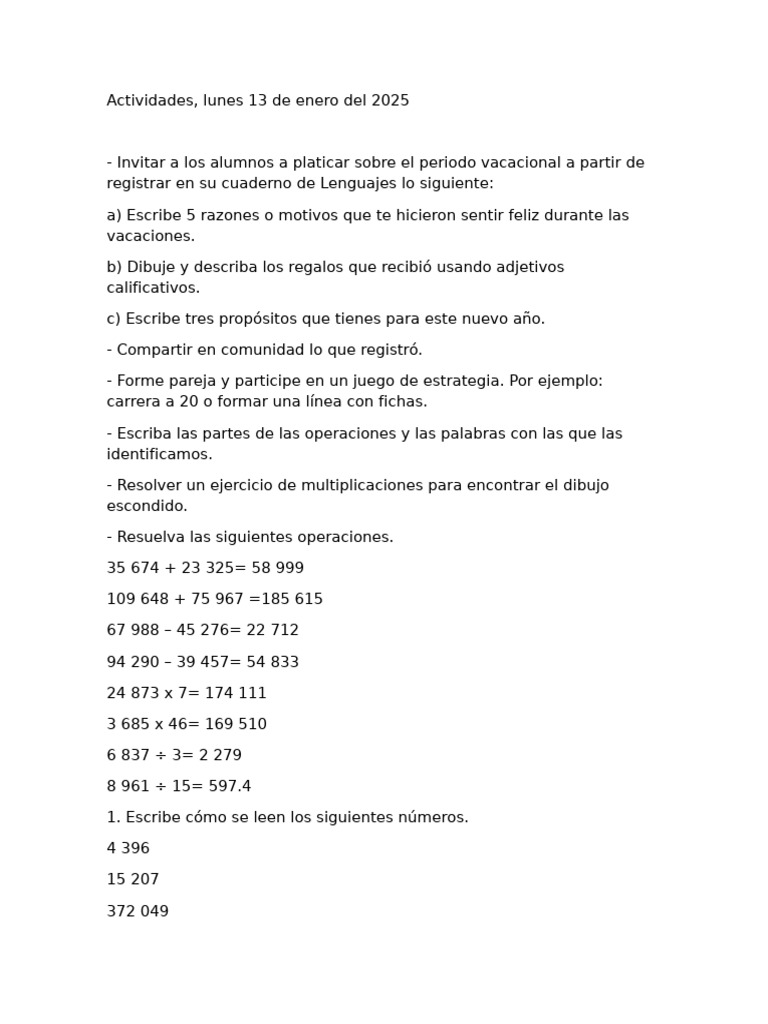 Actividades Regreso A Clases Enero | PDF