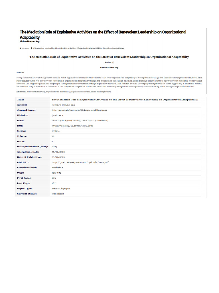 The Mediation Role of Exploitative Activities On The Effect of Benevolent Leadership On ...