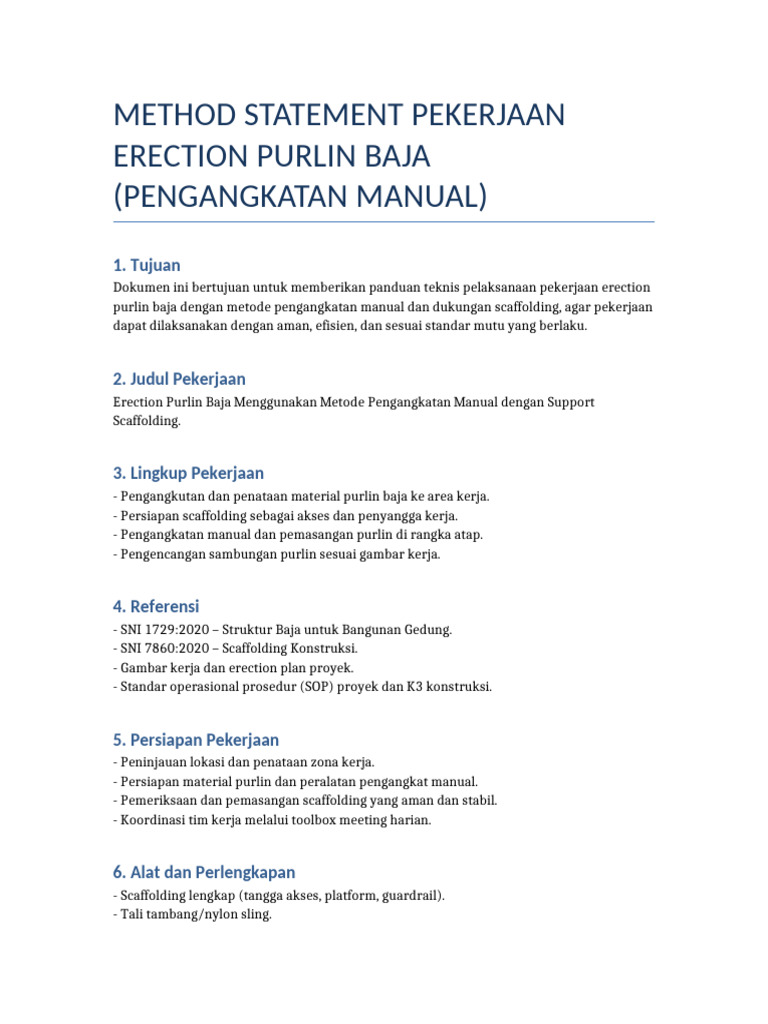 Method Statement Erection Purlin Manual | PDF