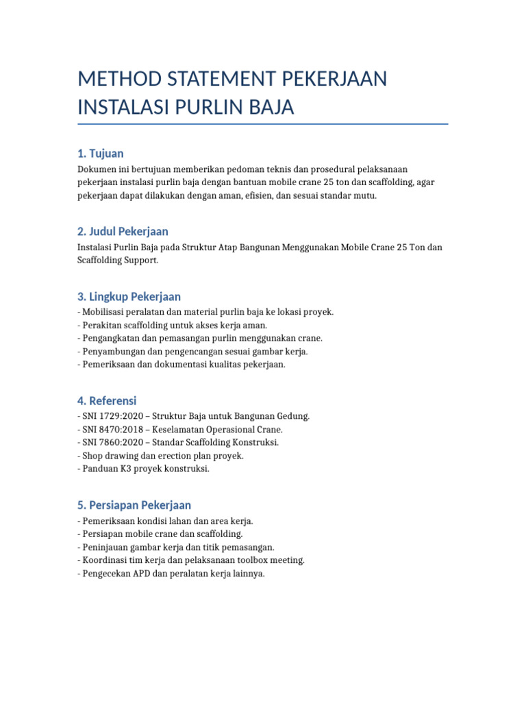 Method Statement Pekerjaan Purlin Baja | PDF