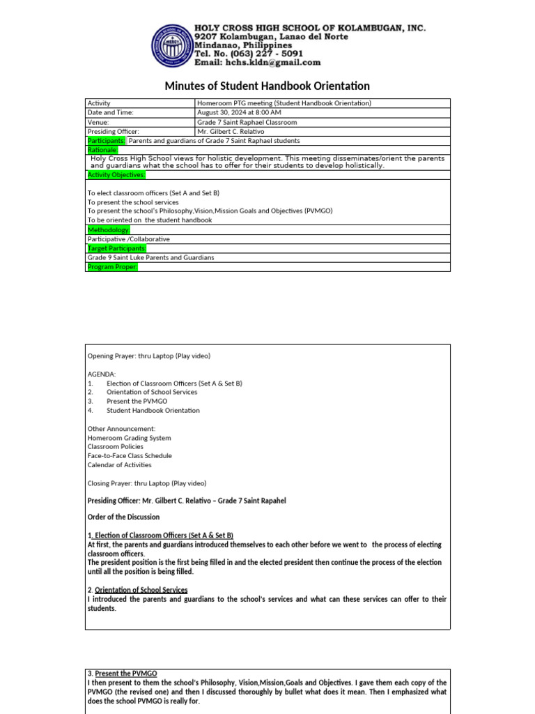 Grade 7 Student Handbook Orientation Minutes | PDF