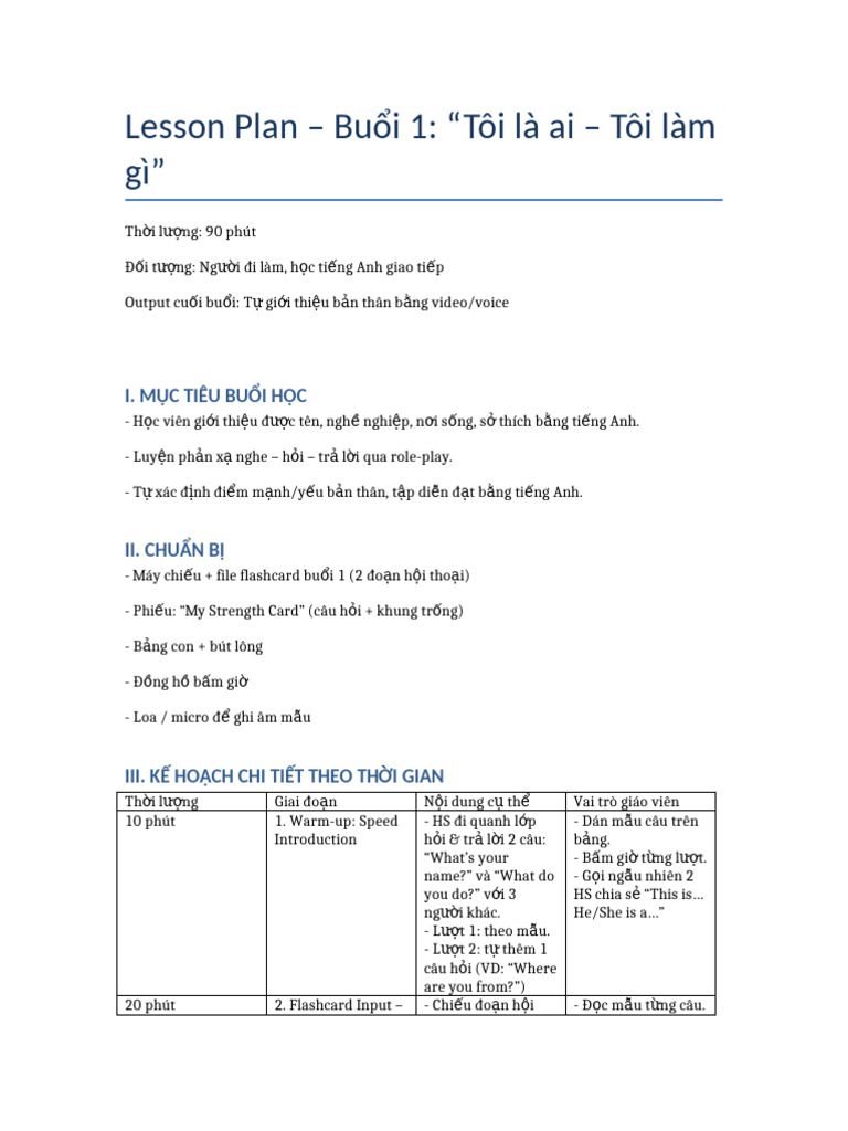 Lesson Plan Buoi 1 | PDF