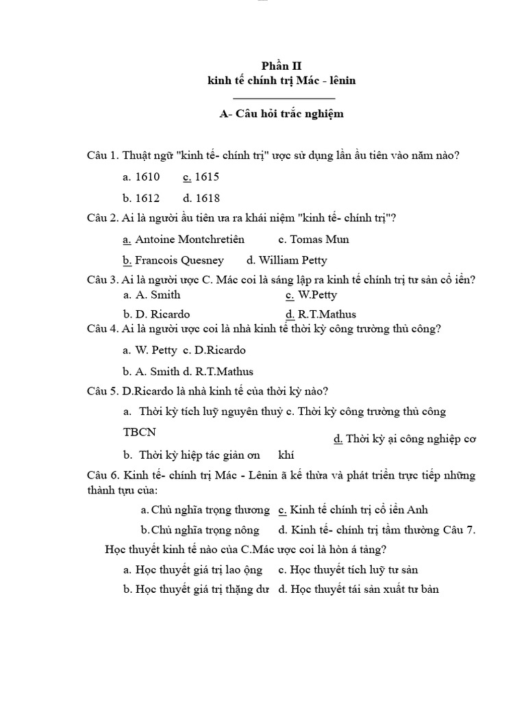 689 Cau Trac Nghiem On Tap Kinh Te Chinh Tri Mac Lenin Truong Dai Hoc 131057 | PDF