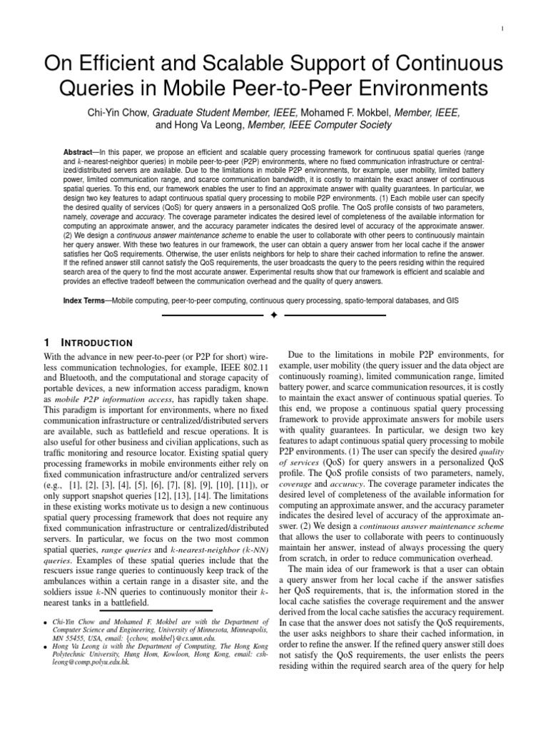 On Efficient and Scalable Support of Continuous Queries in Mobile Peer-to-Peer Environments ...