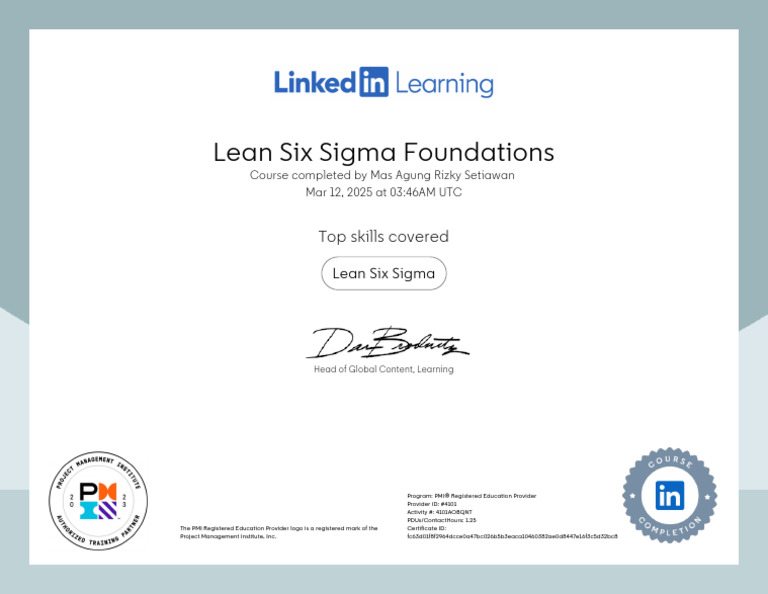CertificateOfCompletion - Lean Six Sigma Foundations | PDF
