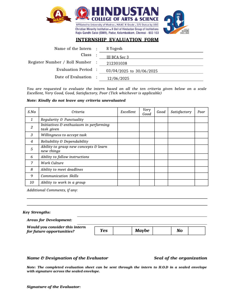 Internship Evaluation Form 1 | PDF