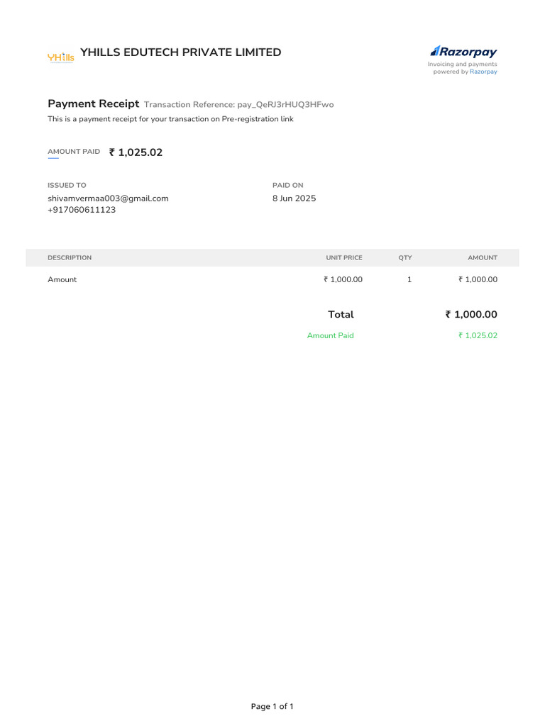 Receipt Pay - QeRJ3rHUQ3HFwo From YHills Edutech (Paid) PDF | PDF
