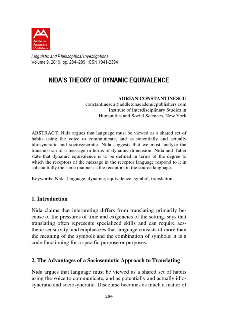 Nida's Theory of Dynamic Equivalence | PDF | Translations | Theory
